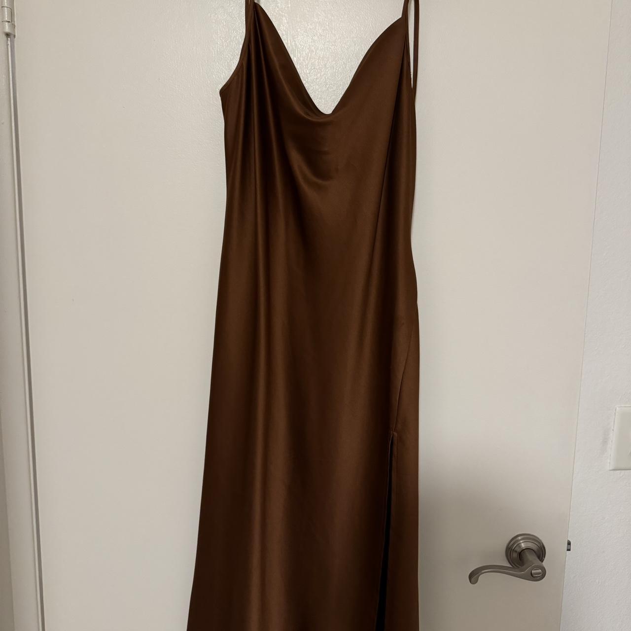 Brown silky open back midi dress. - Depop