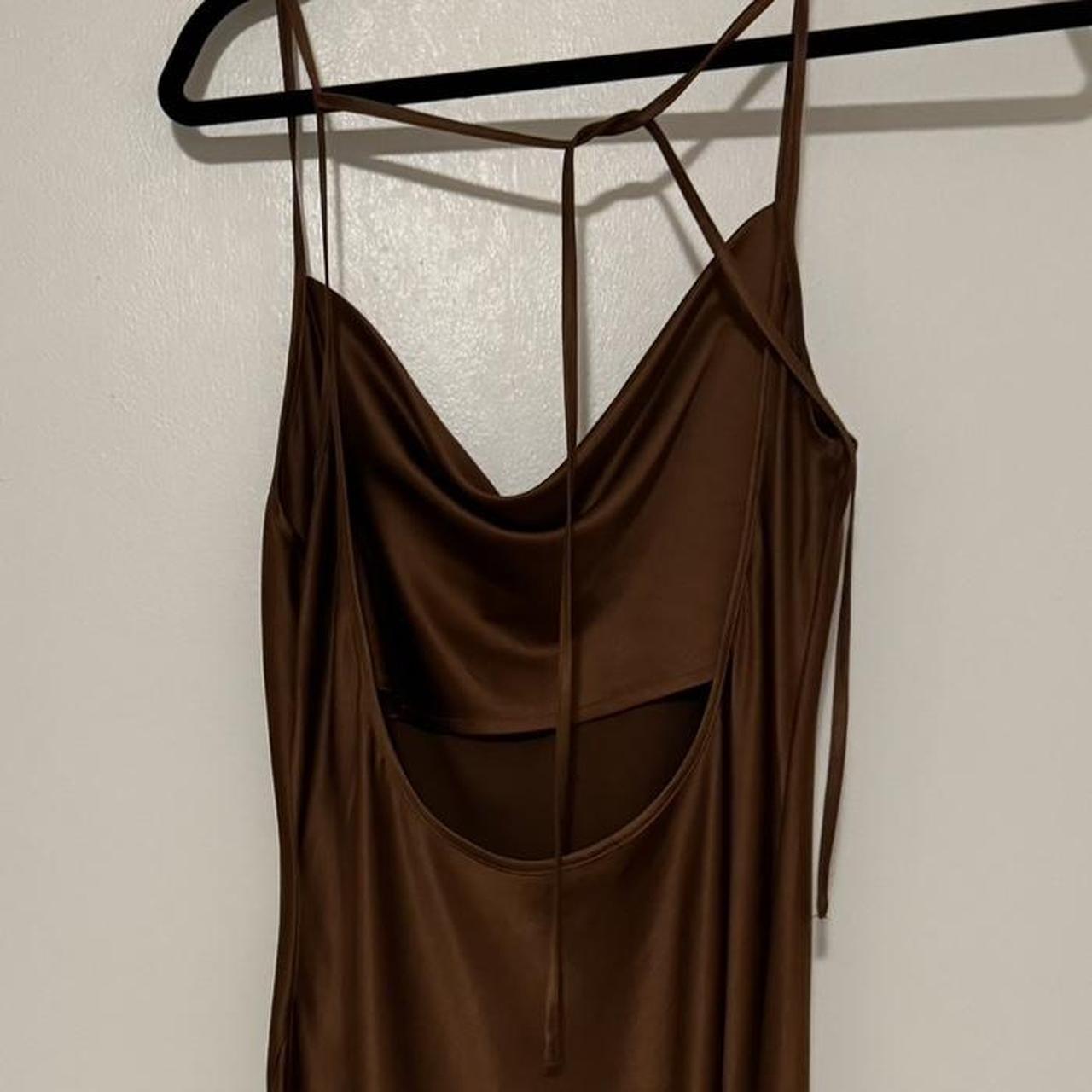 Brown silky open back midi dress. - Depop