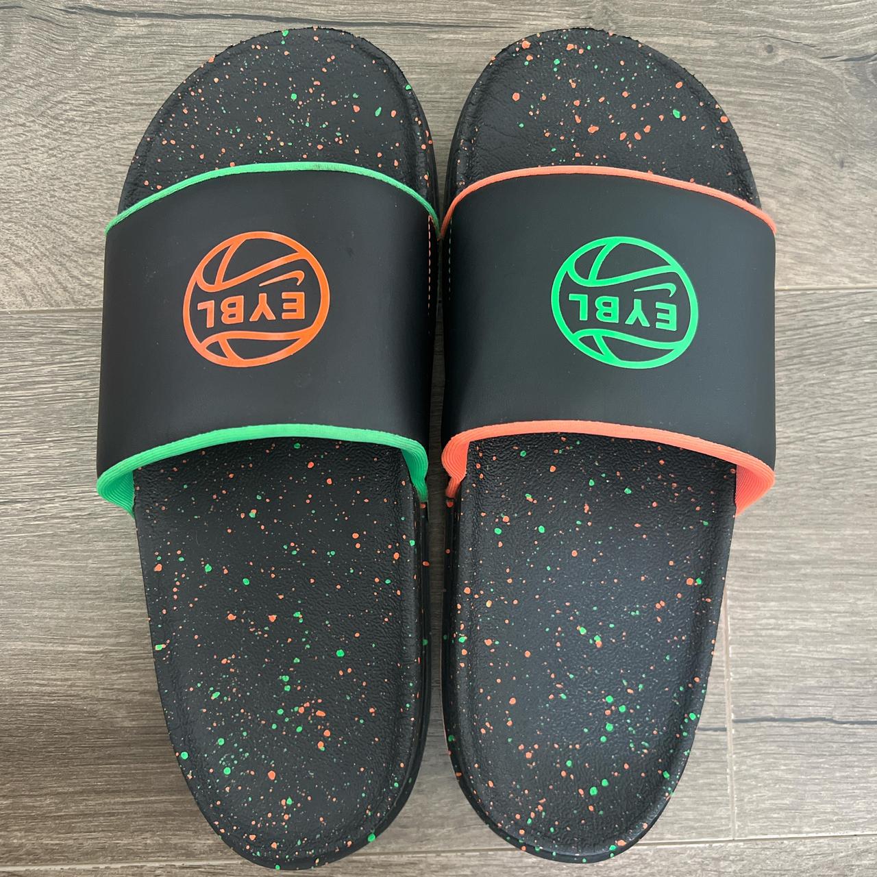 Green and orange speckled Nike EYBL slides Limited... - Depop