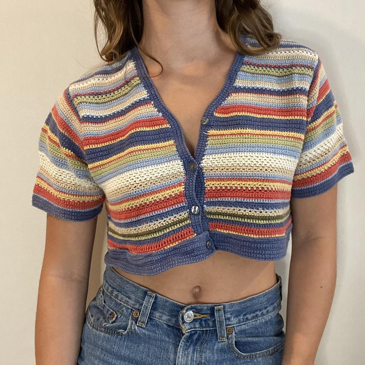 Upcycled cropped button up crochet top Made by... - Depop