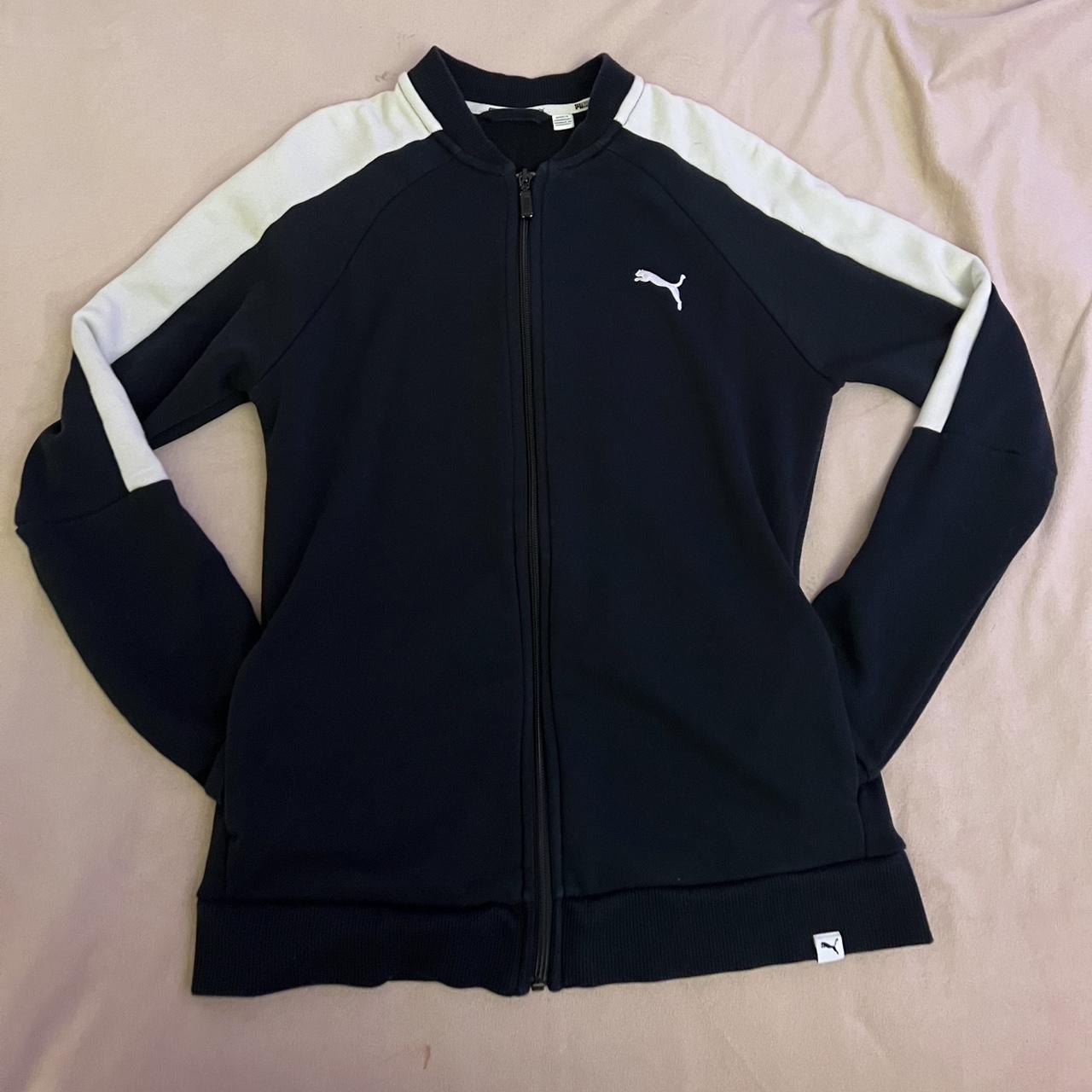 navy blue and white lined puma zip-up jacket... | Depop