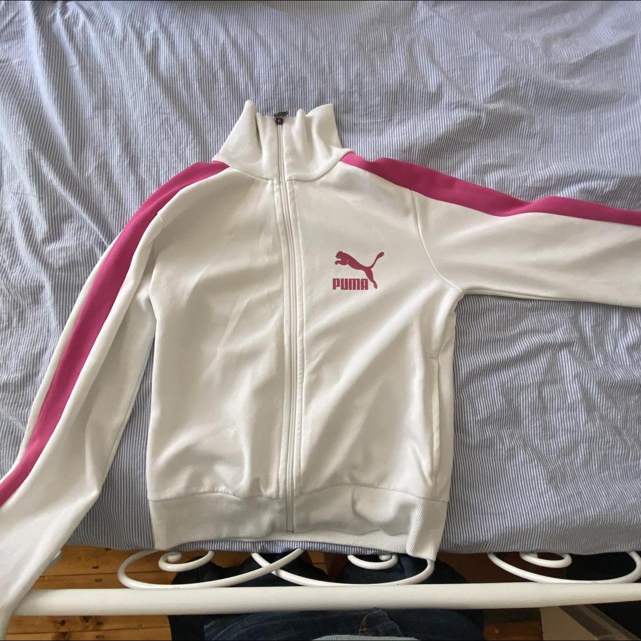 Hot Pink and white puma zip up jacket Would fit a L... - Depop
