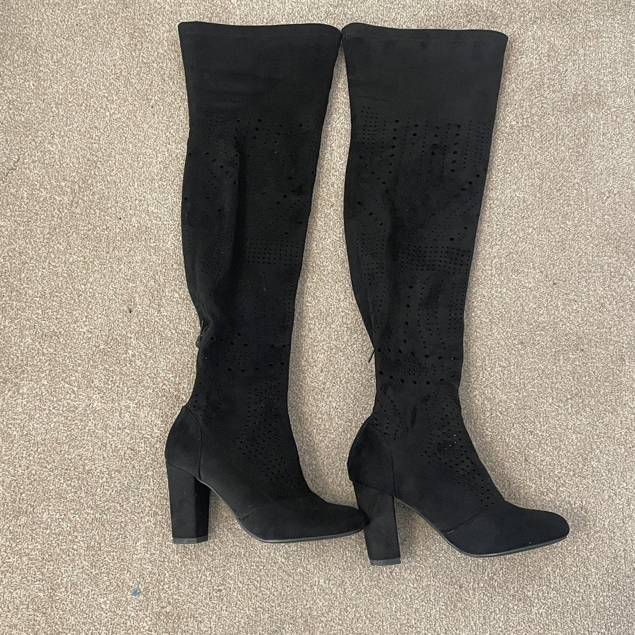 High heel faux suede thigh high boots with punched... - Depop