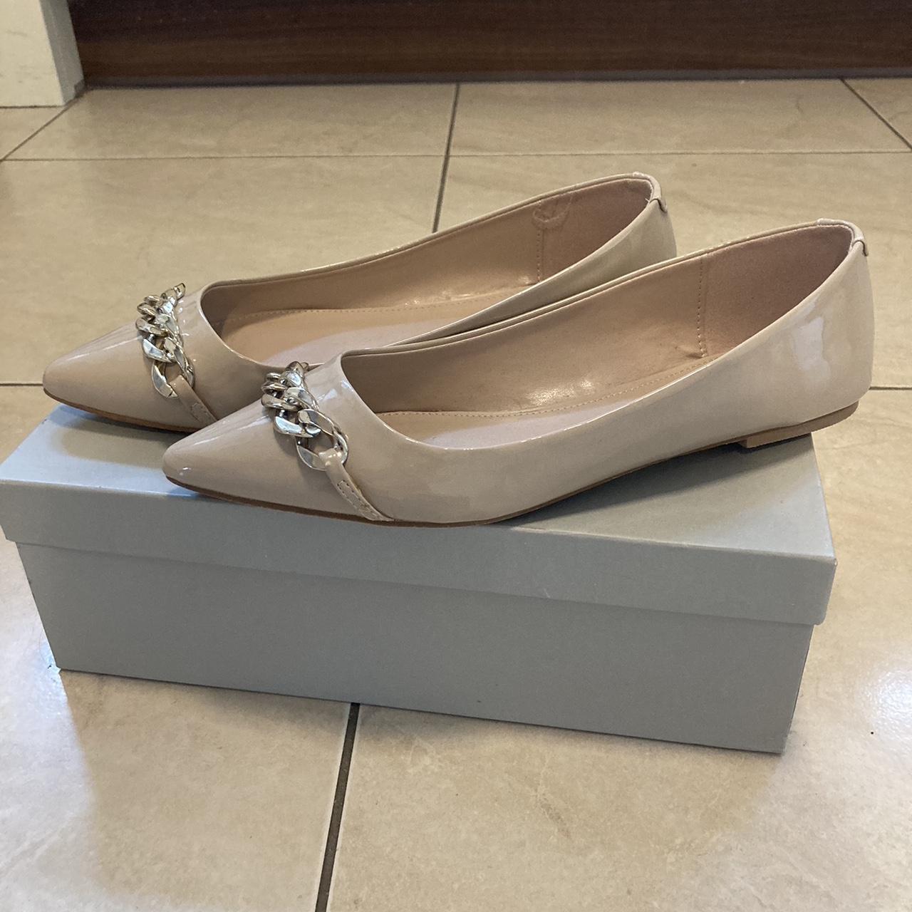 Carvel Mabel flat nude patent shoes with gold chain... - Depop