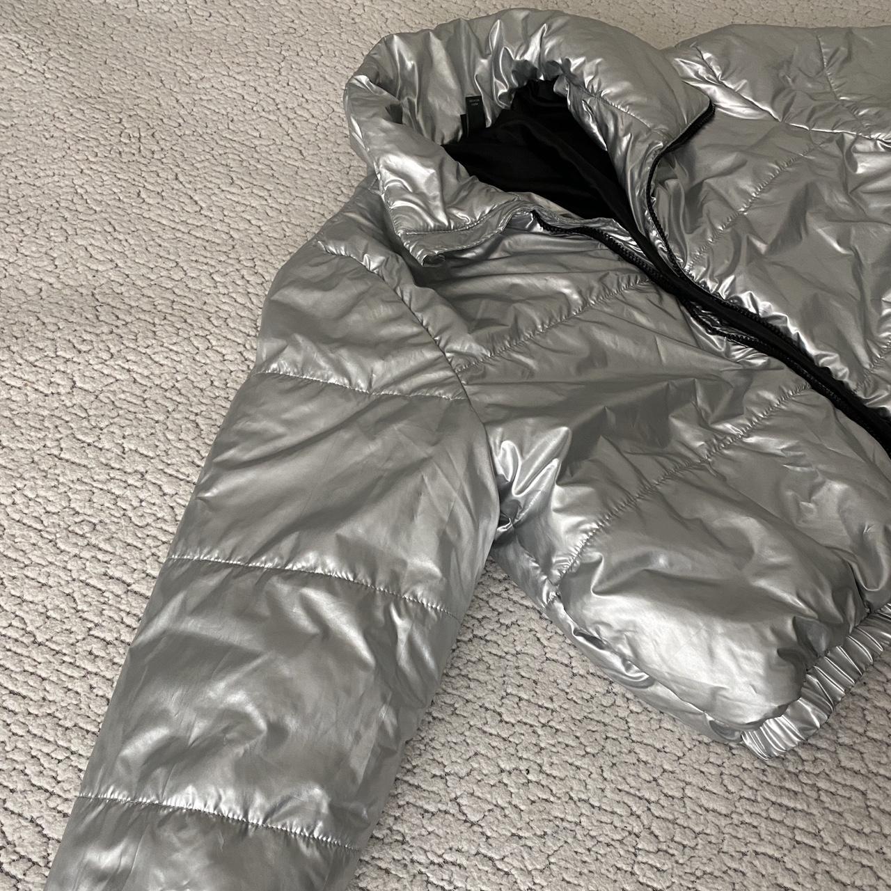 Metallic silver cropped puffer jacket. Lightweight... - Depop