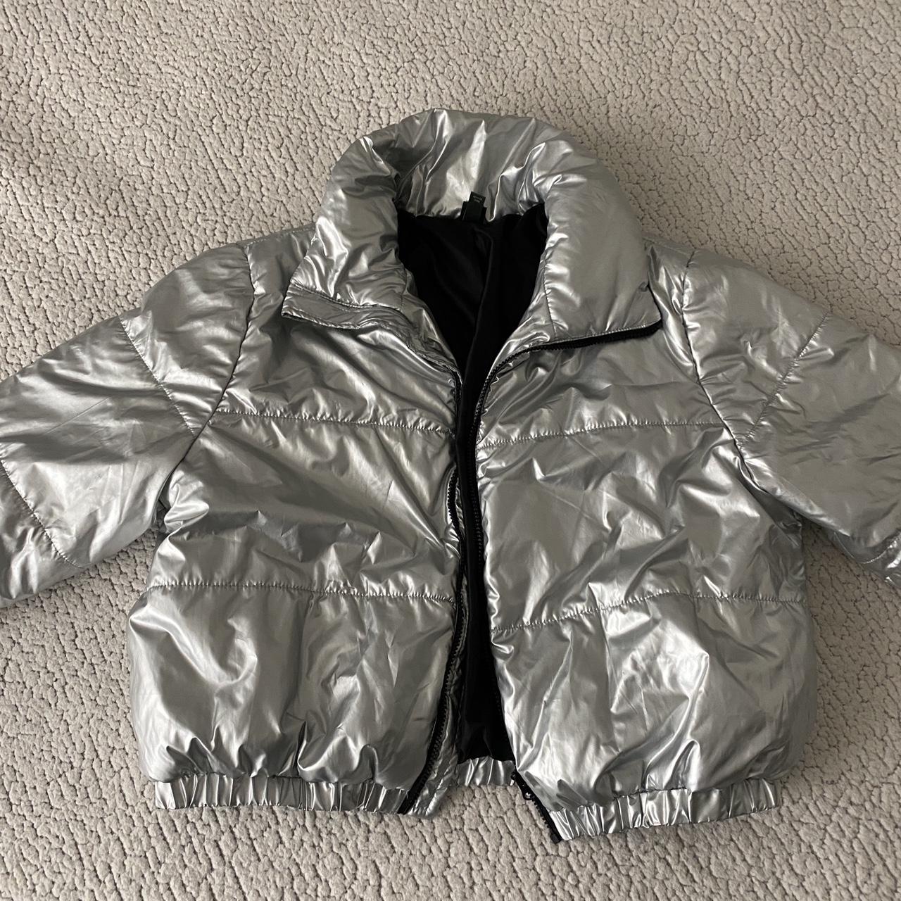 Metallic silver cropped puffer jacket. Lightweight... - Depop
