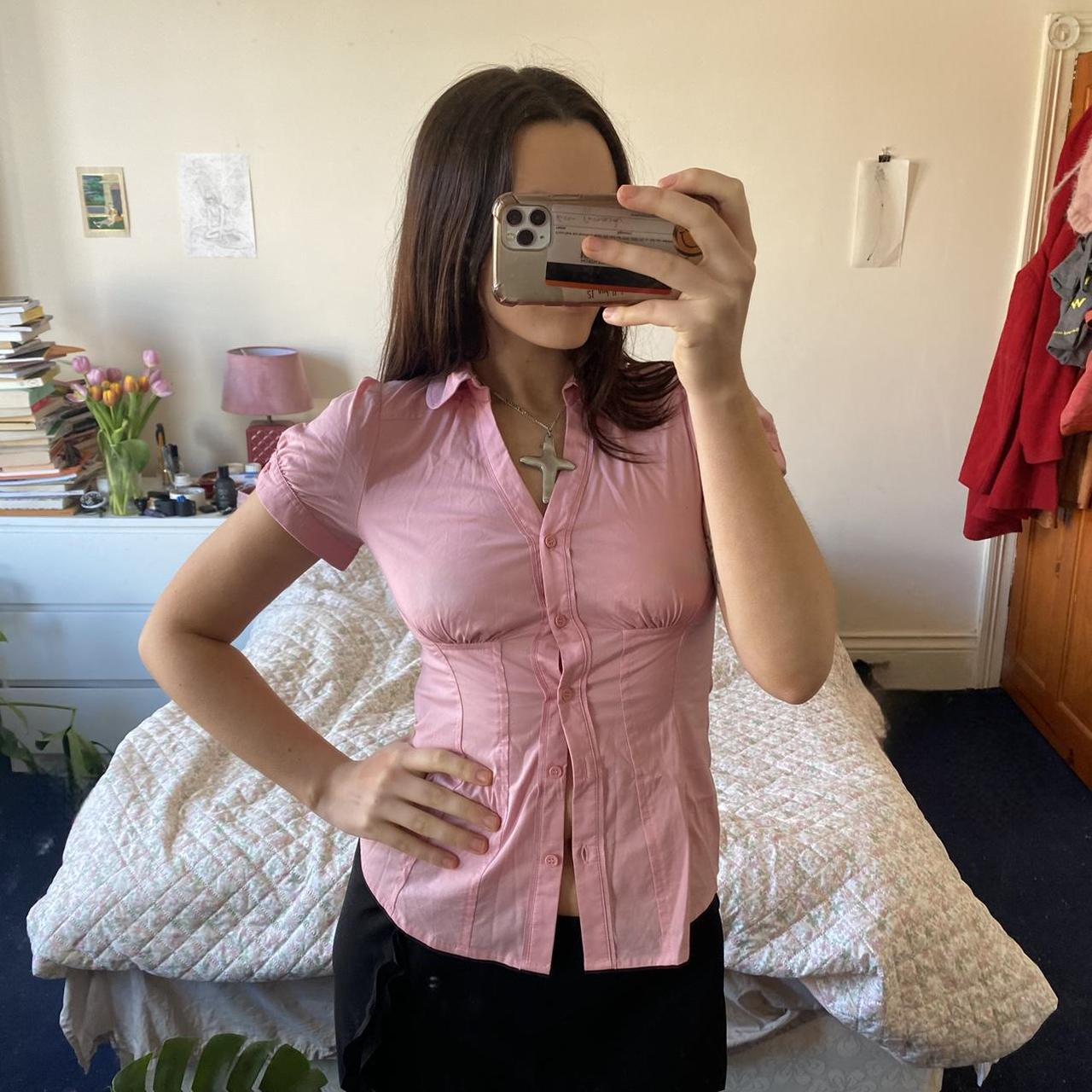 y2k baby pink shirt super cute can be worn open or... - Depop
