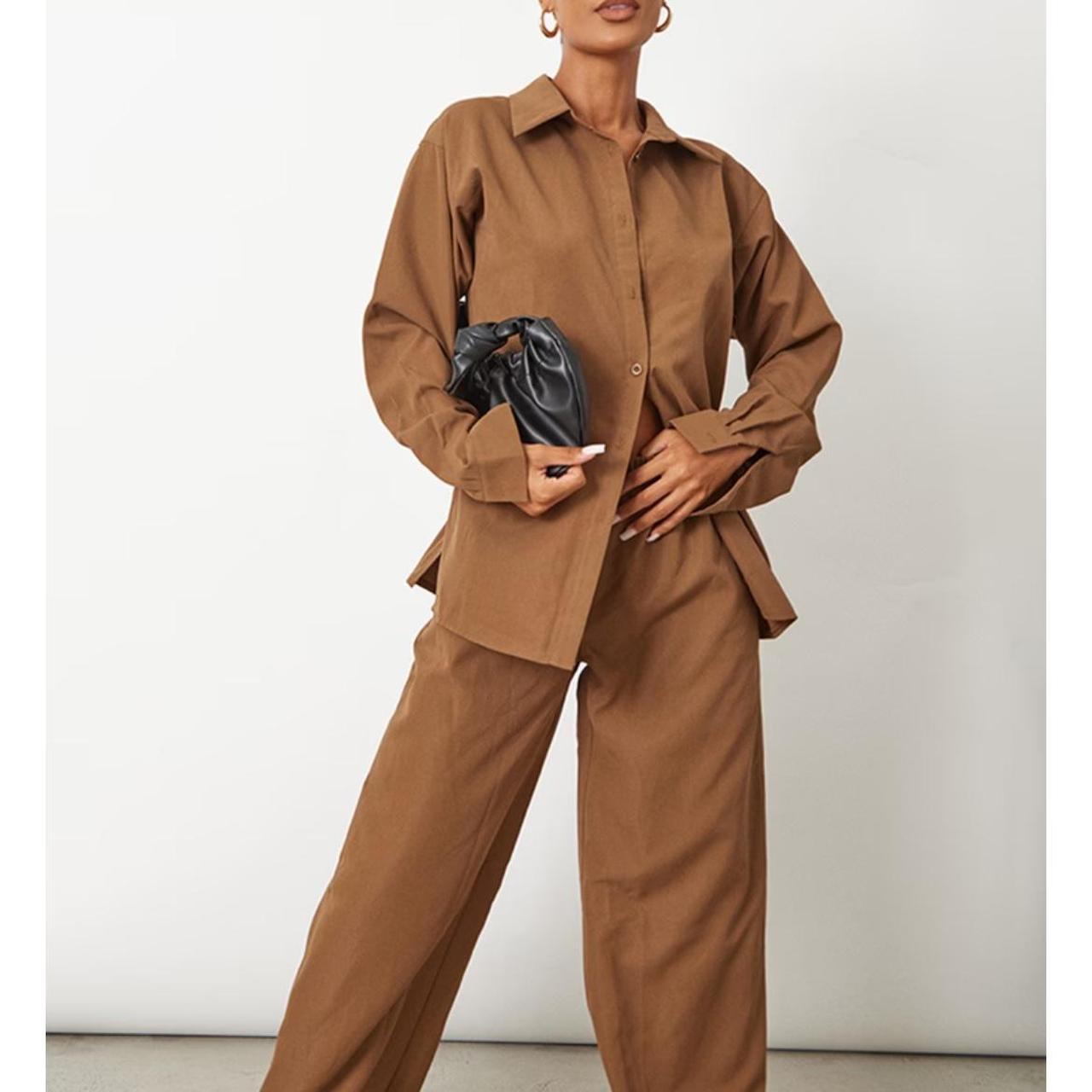 Chocolate Brown Woven Button Up Set Size 8 Free... - Depop