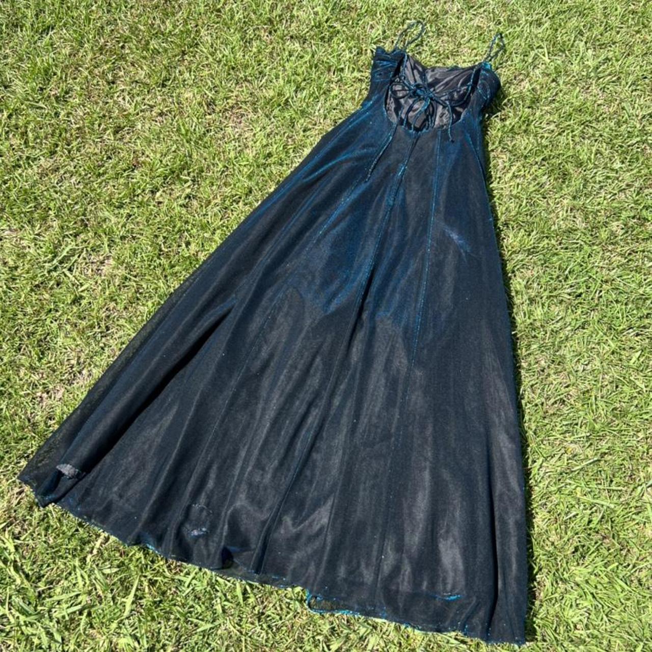 blue iridescent mesh 90s prom dress with empire... - Depop