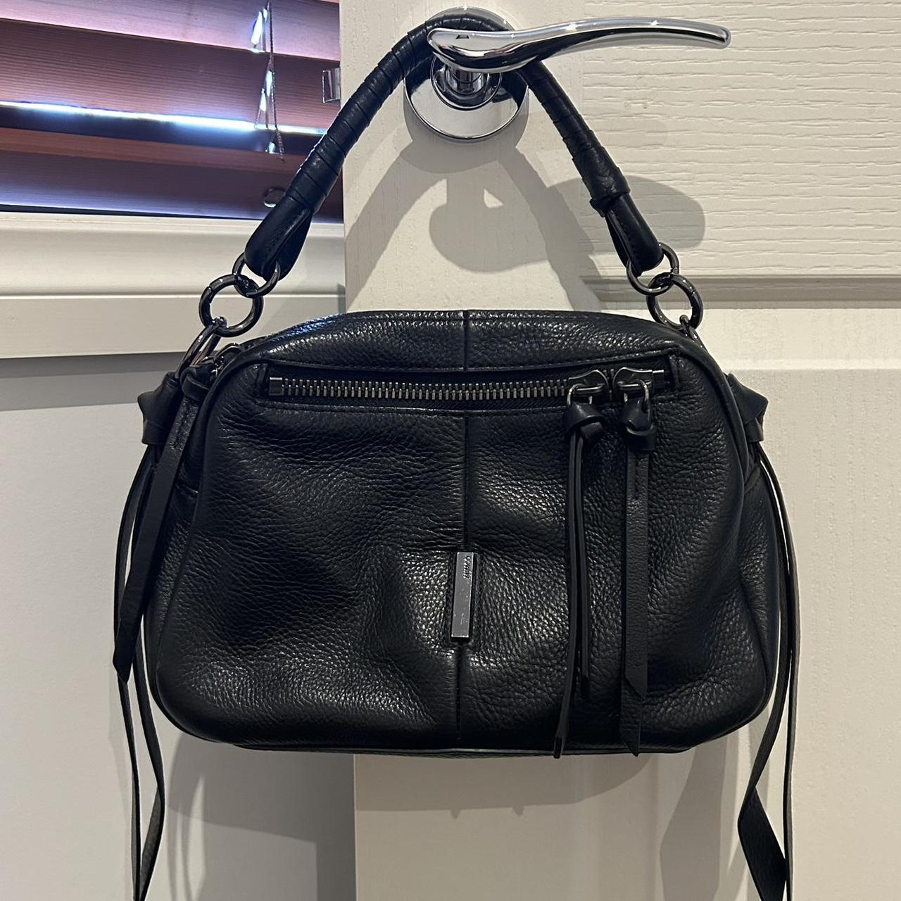 Black Mimco leather crossbody bag with chain strap... - Depop