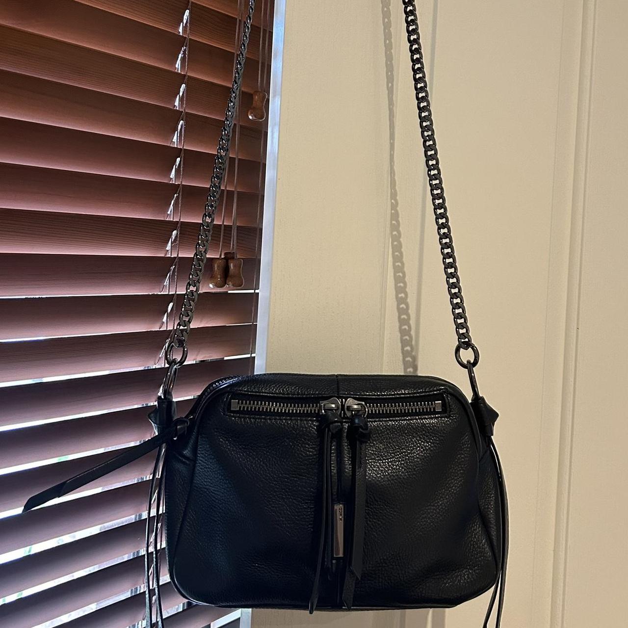 Black Mimco leather crossbody bag with chain strap... - Depop