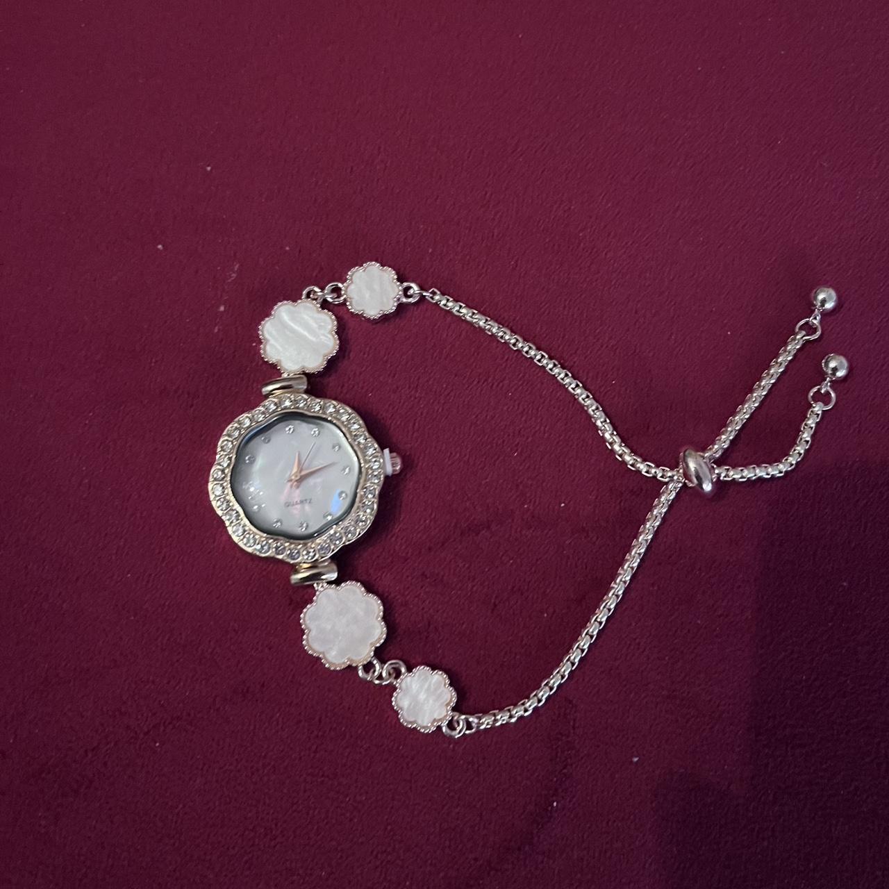 Silver and pink flower watch bracelet -New (working)... - Depop