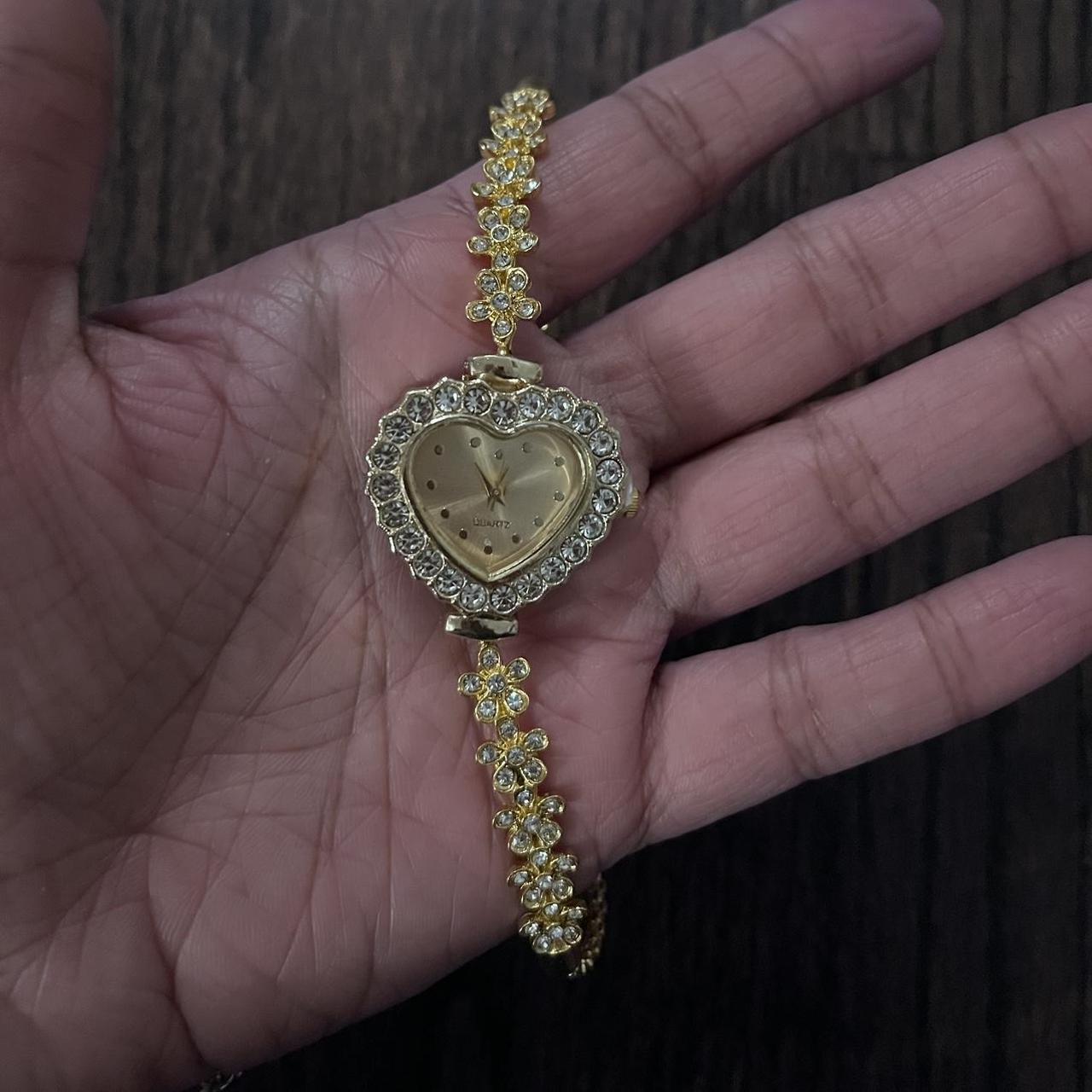 Gold heart watch with rhinestones watch #heartwatch... - Depop