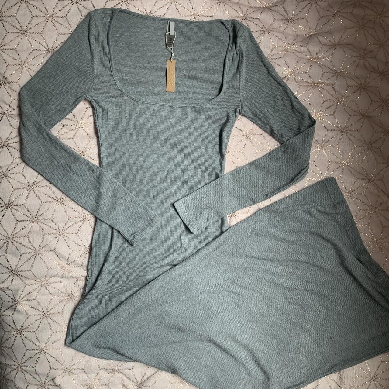 SKIMS grey ribbed long-sleeve square-neck maxi dress... - Depop