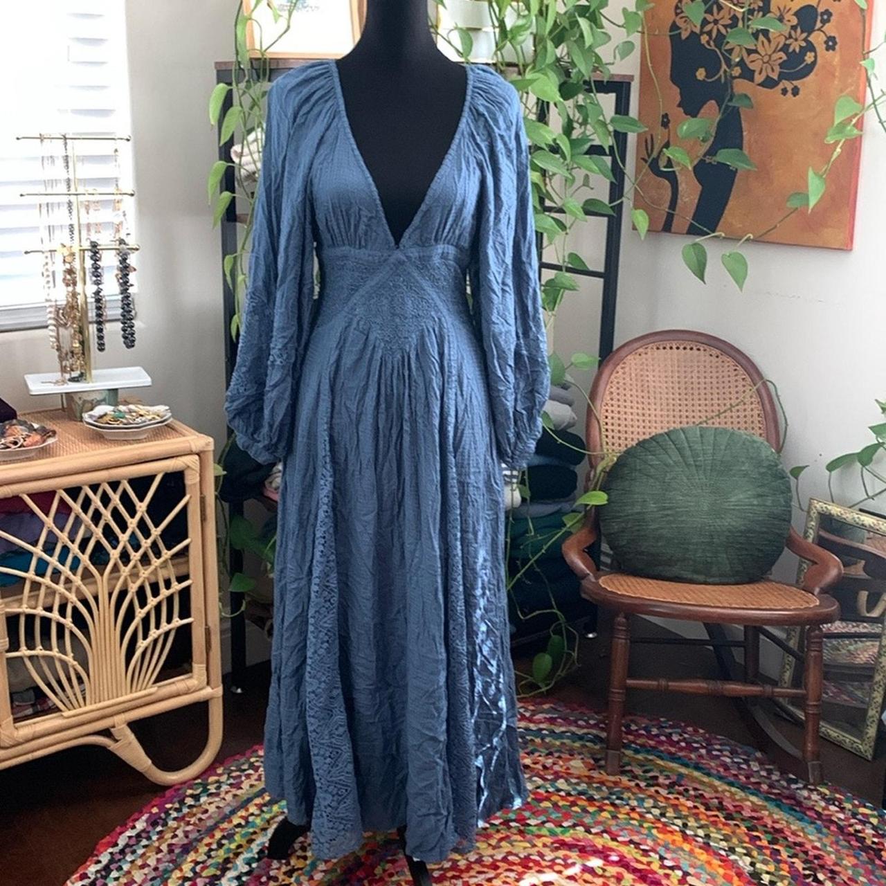 Dusty blue with ditzy Swiss dot pattern. Lace detail... - Depop