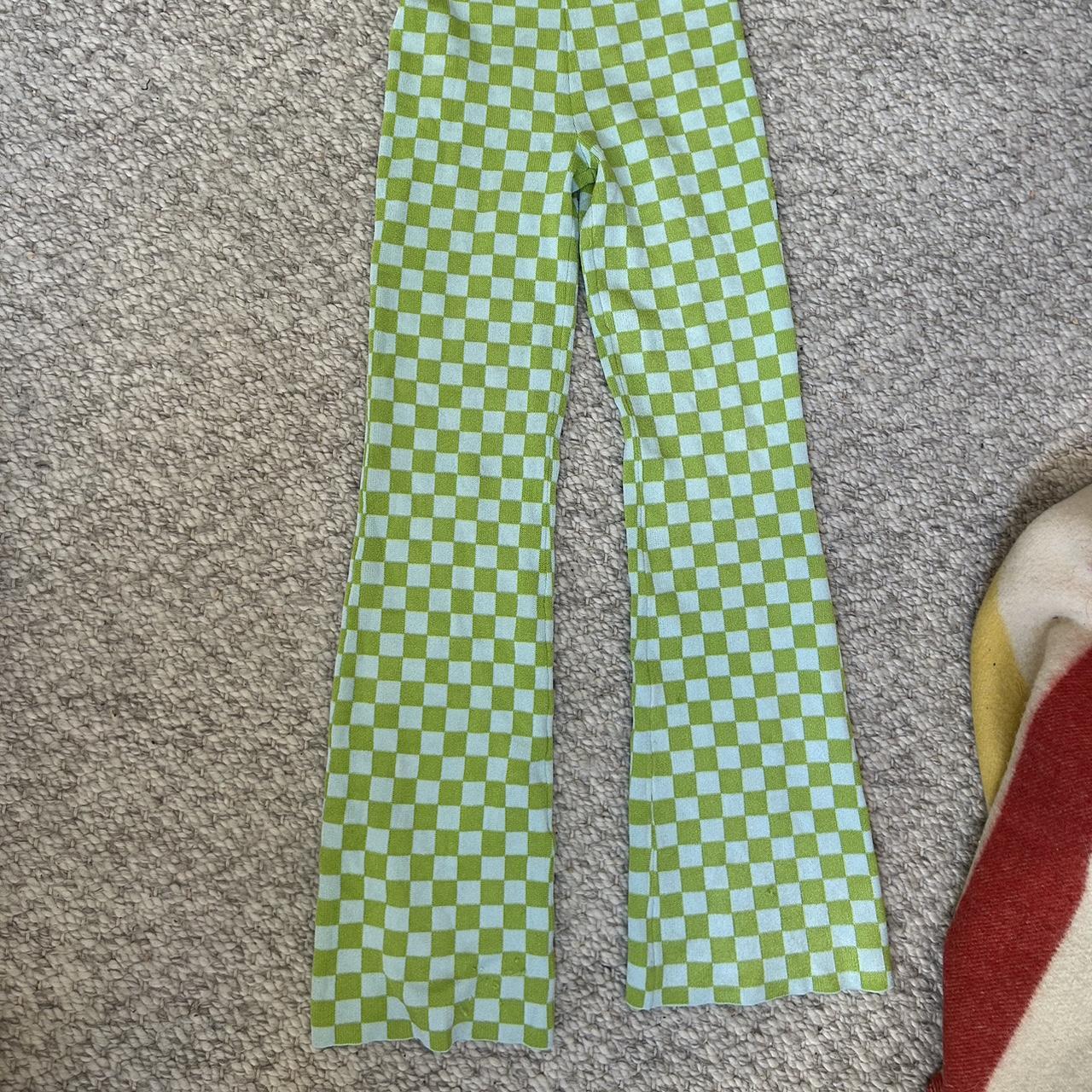 Blue and green checkered knit flare pants #urban... - Depop