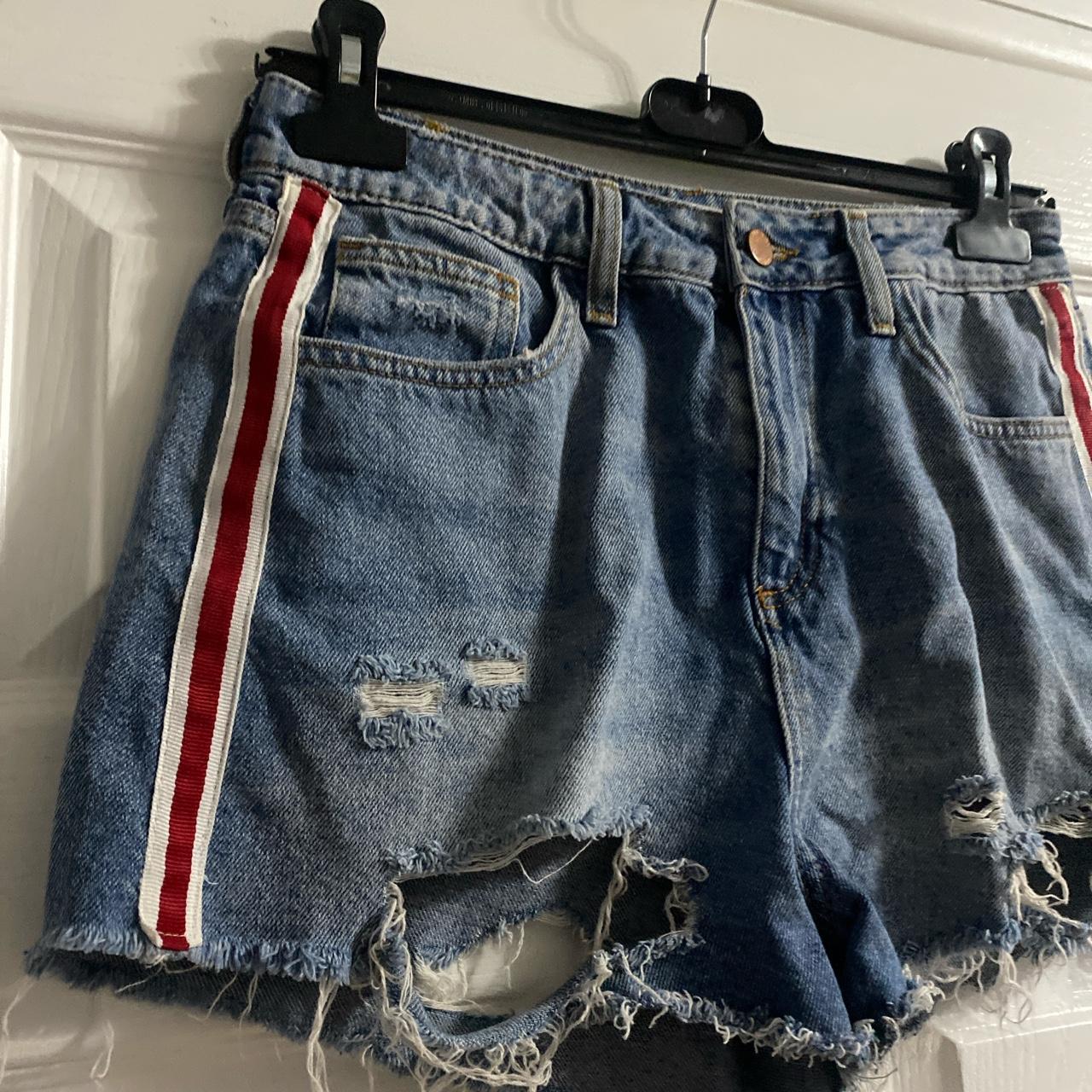 blue denim ripped shorts with red stripe perfect... - Depop