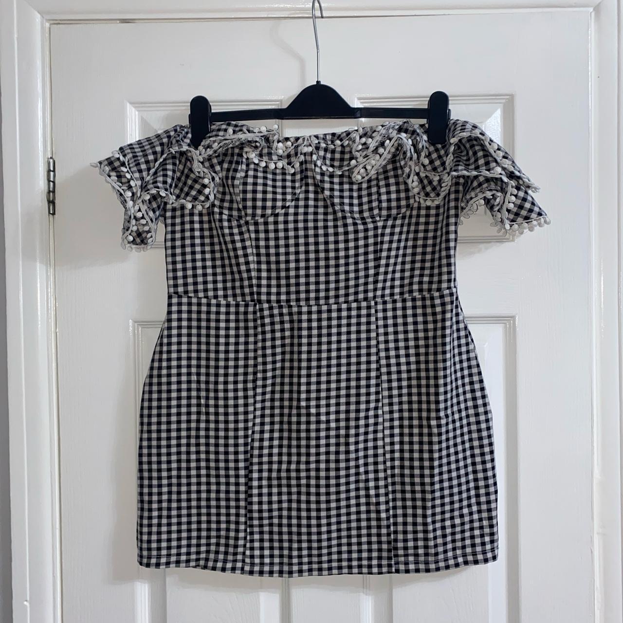 black and white cheque off shoulder dress size... - Depop