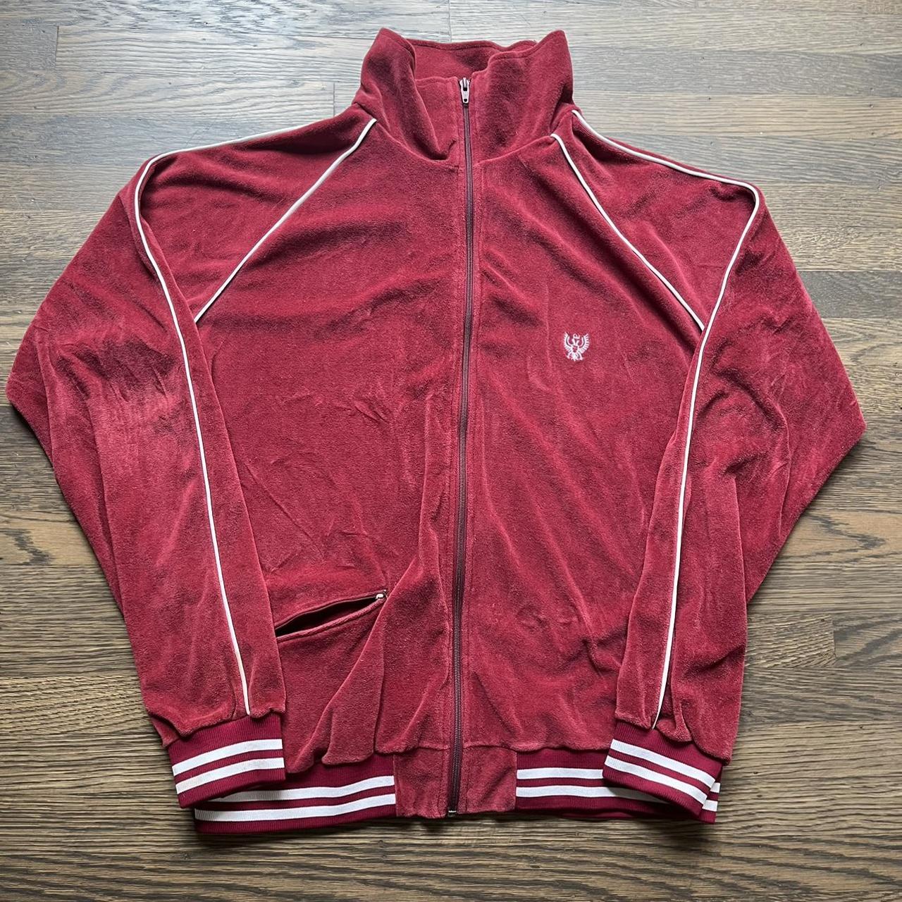 Red velour zip up jacket vintage - Depop