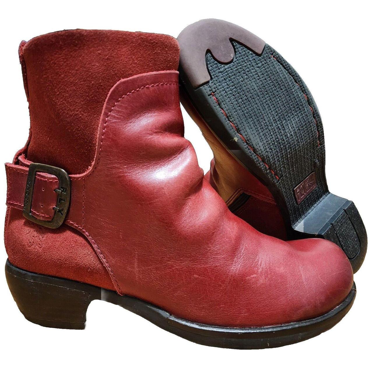 FLY London MEL Red Leather Suede Buckle Chunky Heels... - Depop