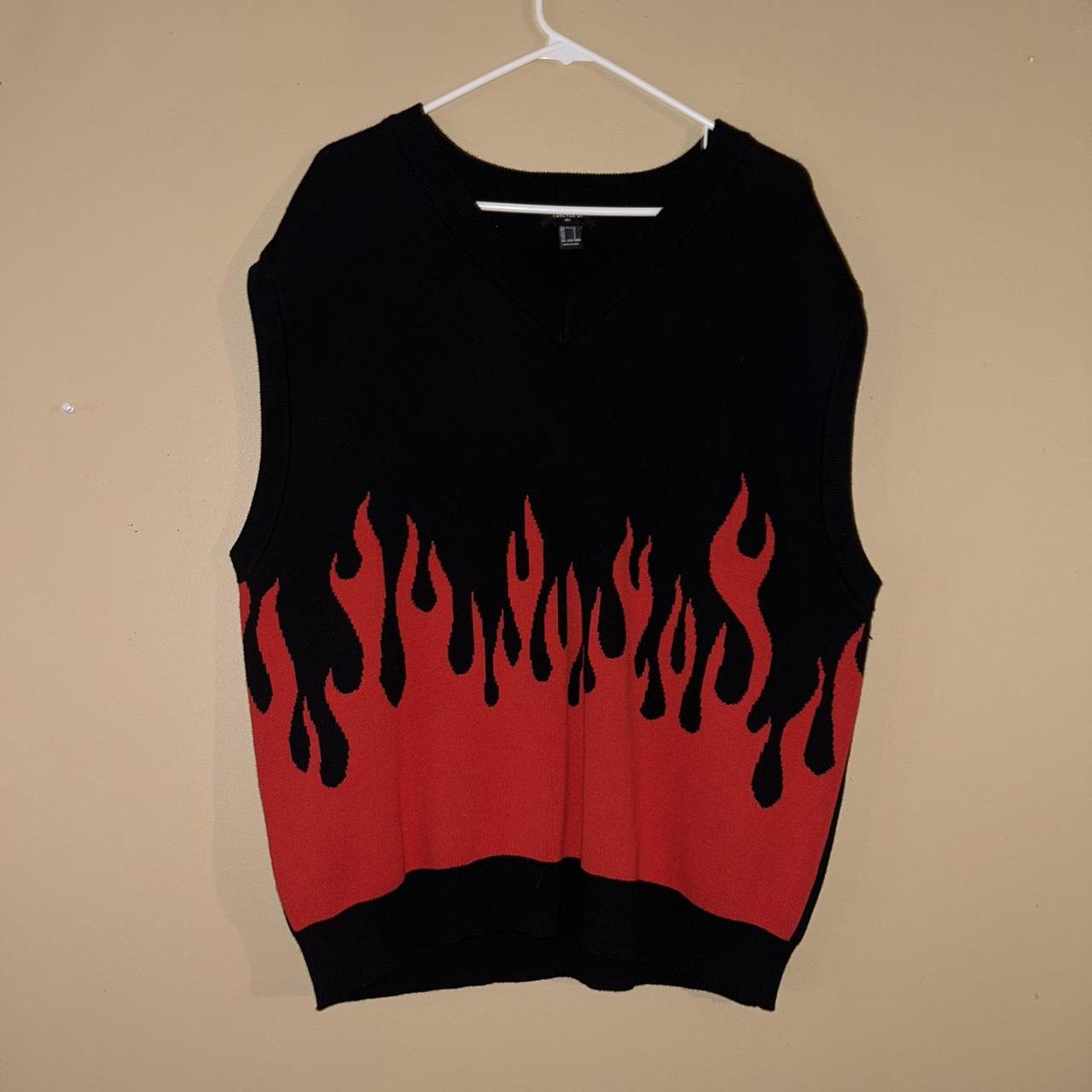flame fire sweater vest 🔥 size L (black/red) modern... - Depop