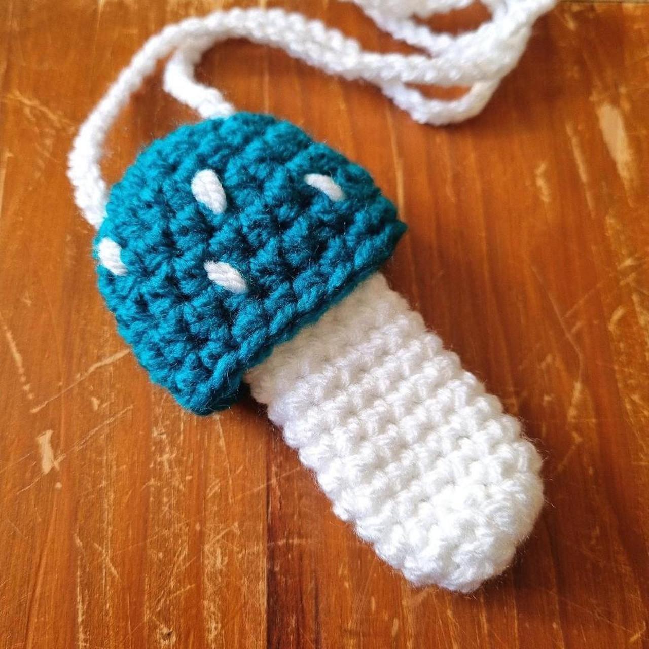Handmade crochet teal & white toadstool mushroom... - Depop