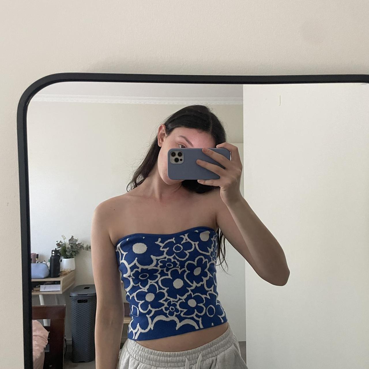 blue strapless top really pretty pattern size S - Depop
