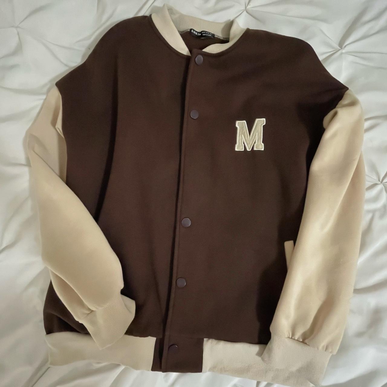 brown and beige varsity jacket, so soft &... - Depop