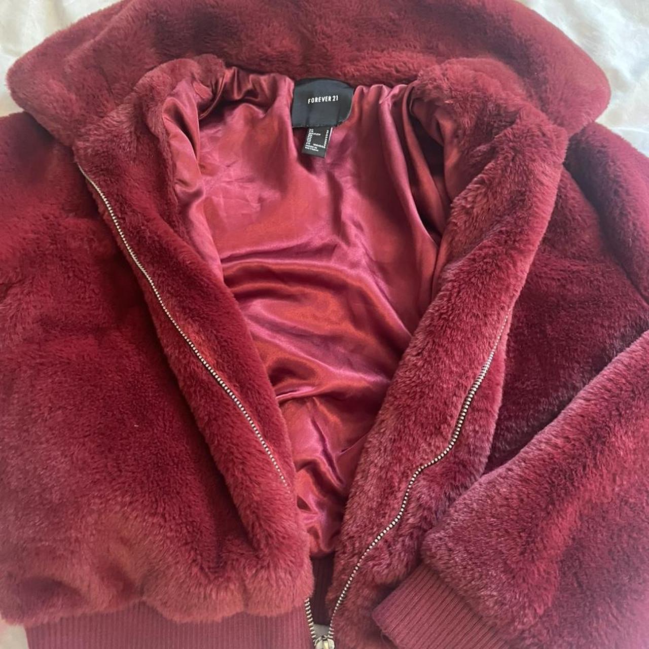 Red forever 21 faux fur jacket - Depop