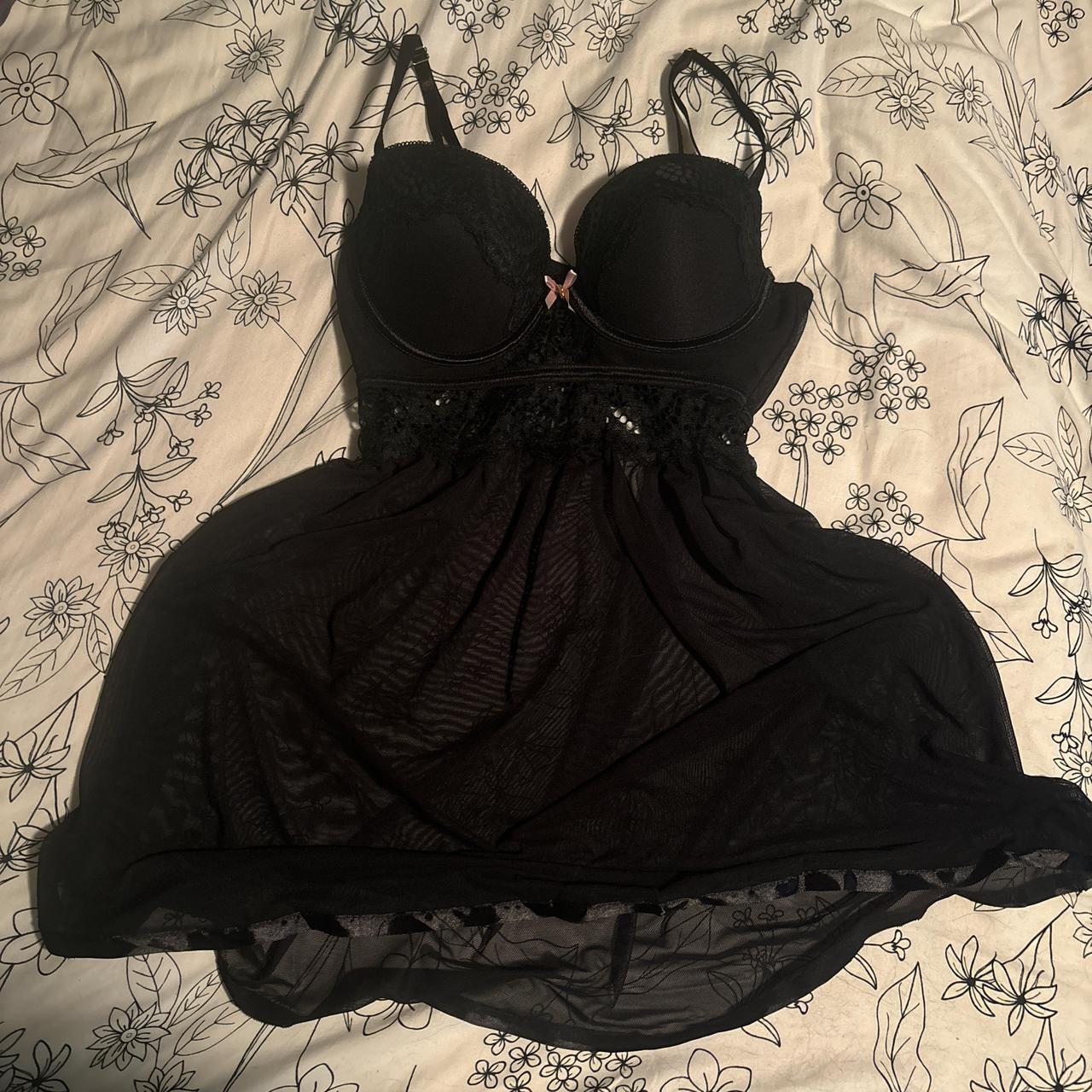 Black lace babydoll top with pink bows never worn... | Depop