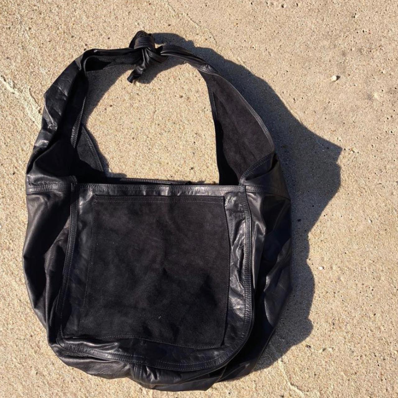 Mondrina Leather and Suede Hobo Bag. Tie closure,... - Depop