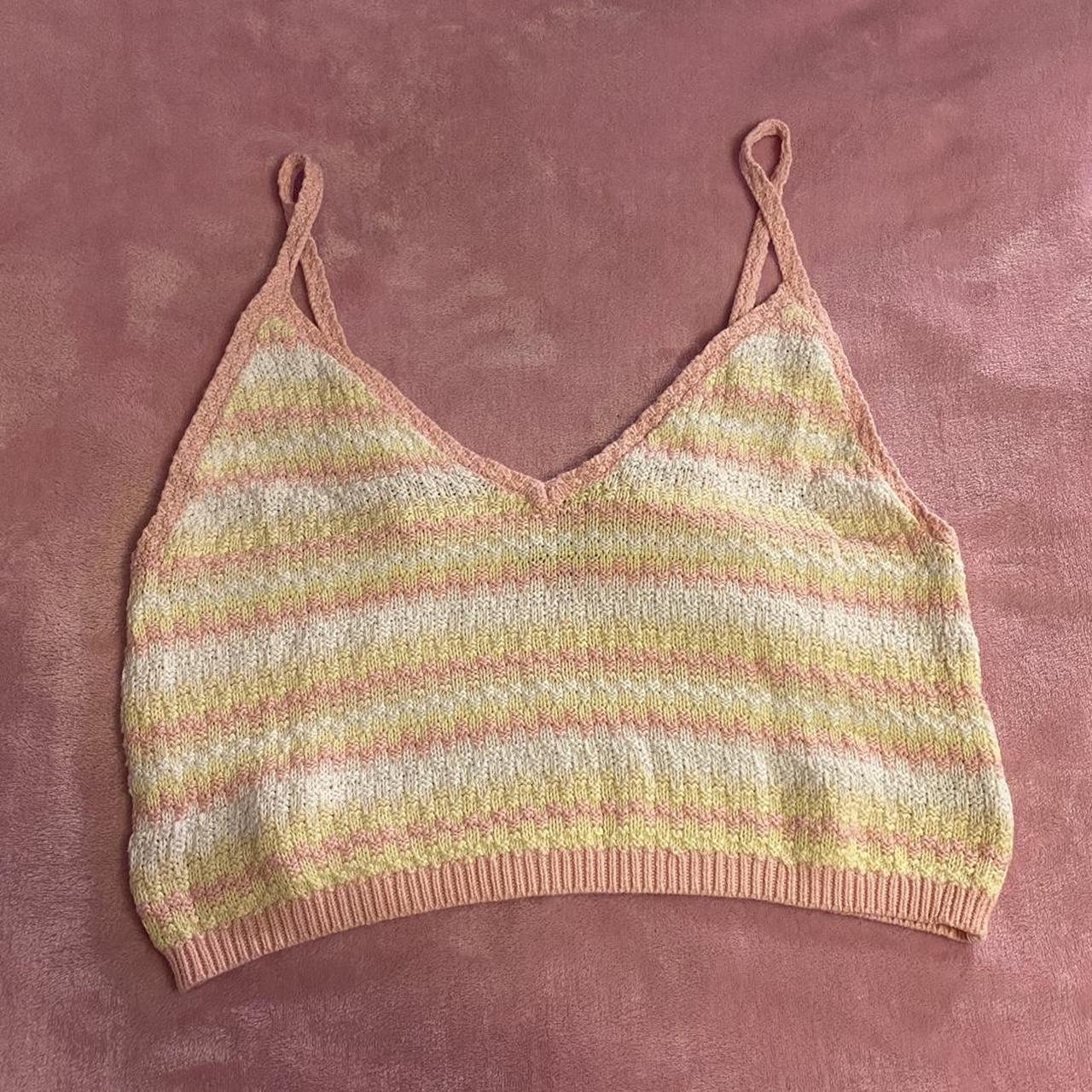 knitted pink and yellow striped tank top crop top •... | Depop