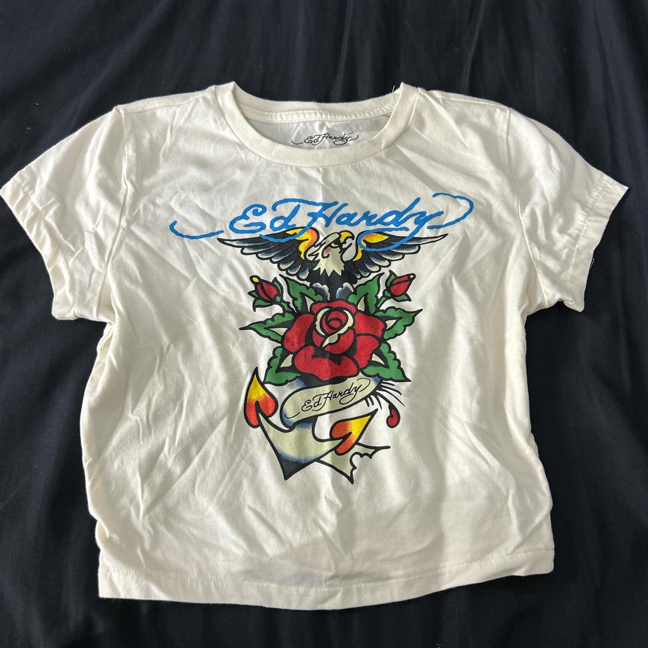 M Beige women’s Ed Hardy t-shirt with bold graphic... - Depop