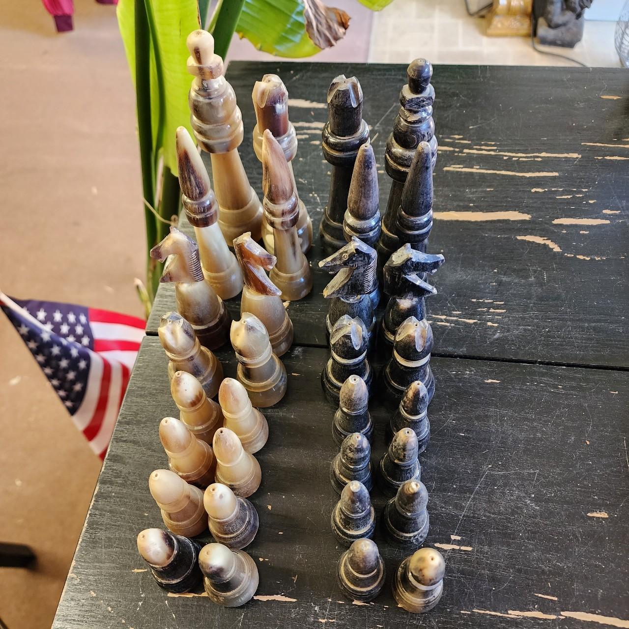 Vintage HAND CARVED HORN Chess Pieces -Cow, Goat,... - Depop