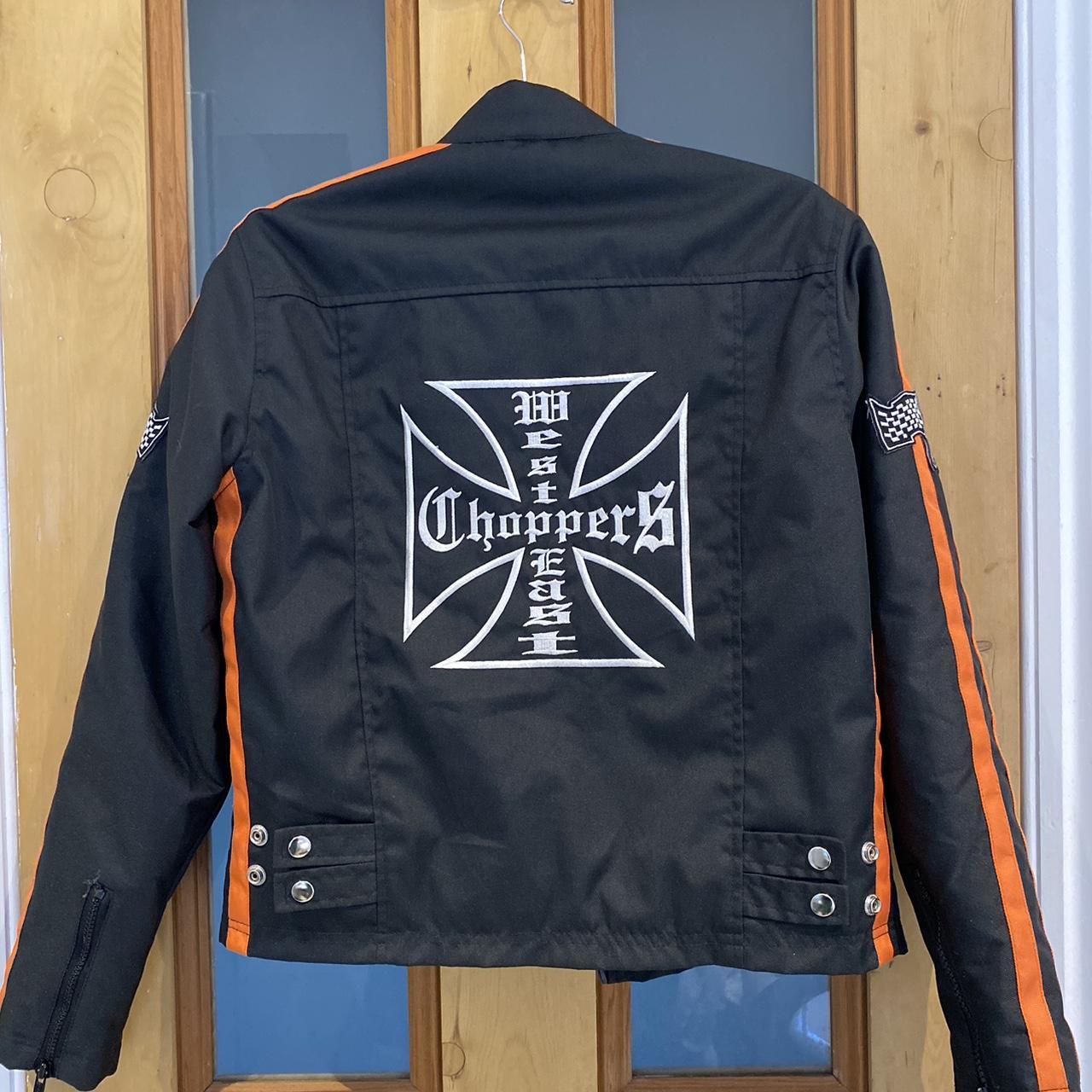 Black racer jacket with orange stripes. Embroidered... - Depop