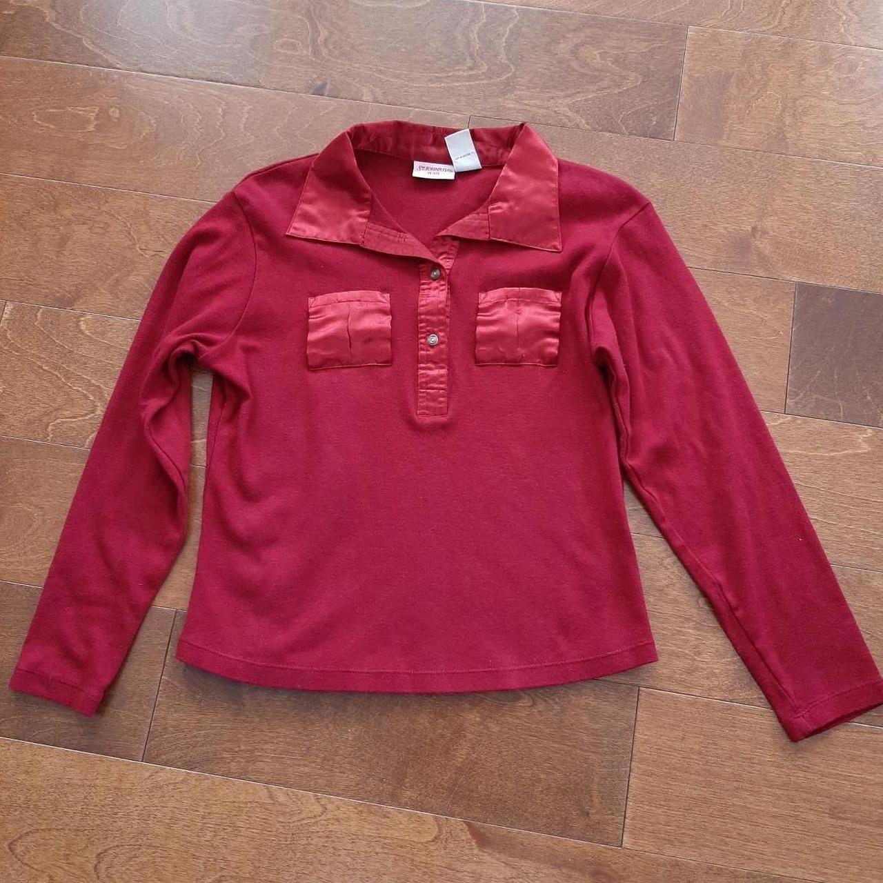90s RED COTTON TOP WITH SATIN COLLAR & CHEST... - Depop