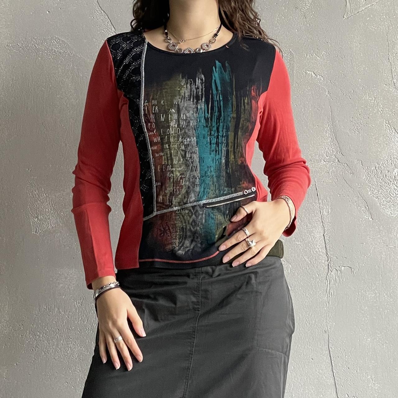 y2k red & black long sleeve graphic print with zip... - Depop