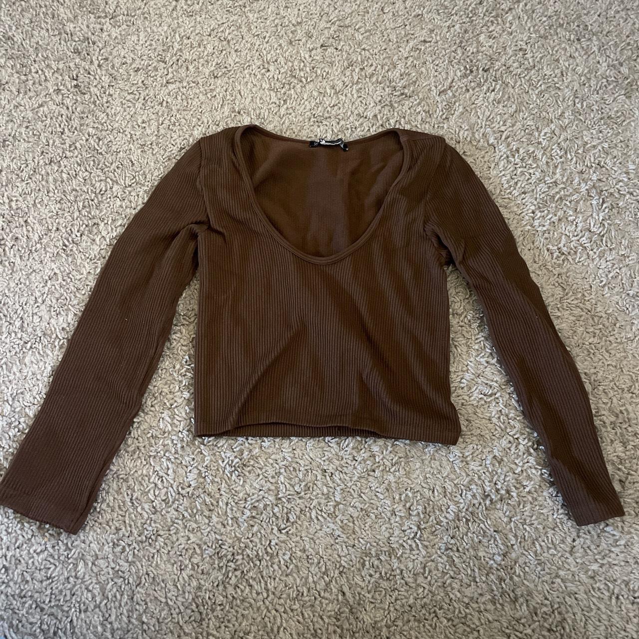 zara brown ribbed scoop neck top - shipping after... - Depop
