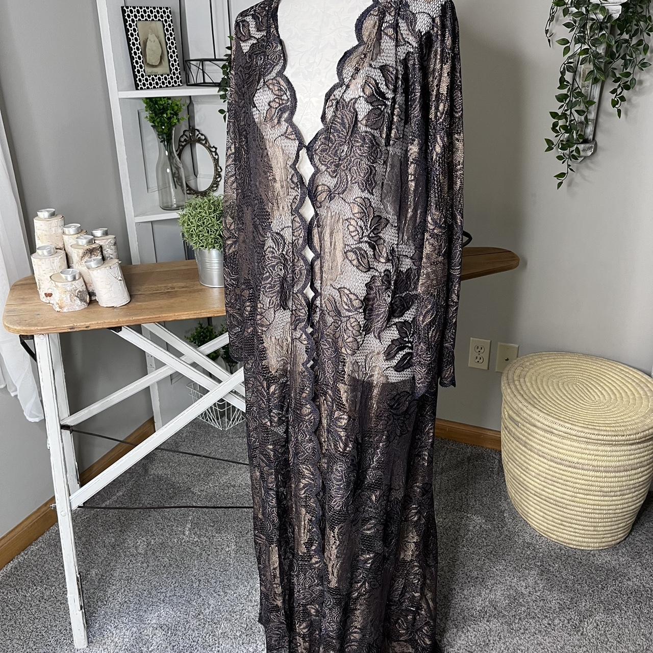 Boutique brown lace duster with scalloped edges and... - Depop
