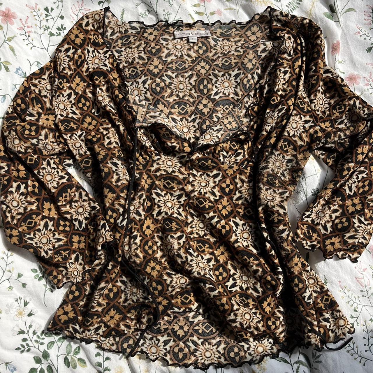 boho mesh top earth toned mesh top with tie front,... - Depop