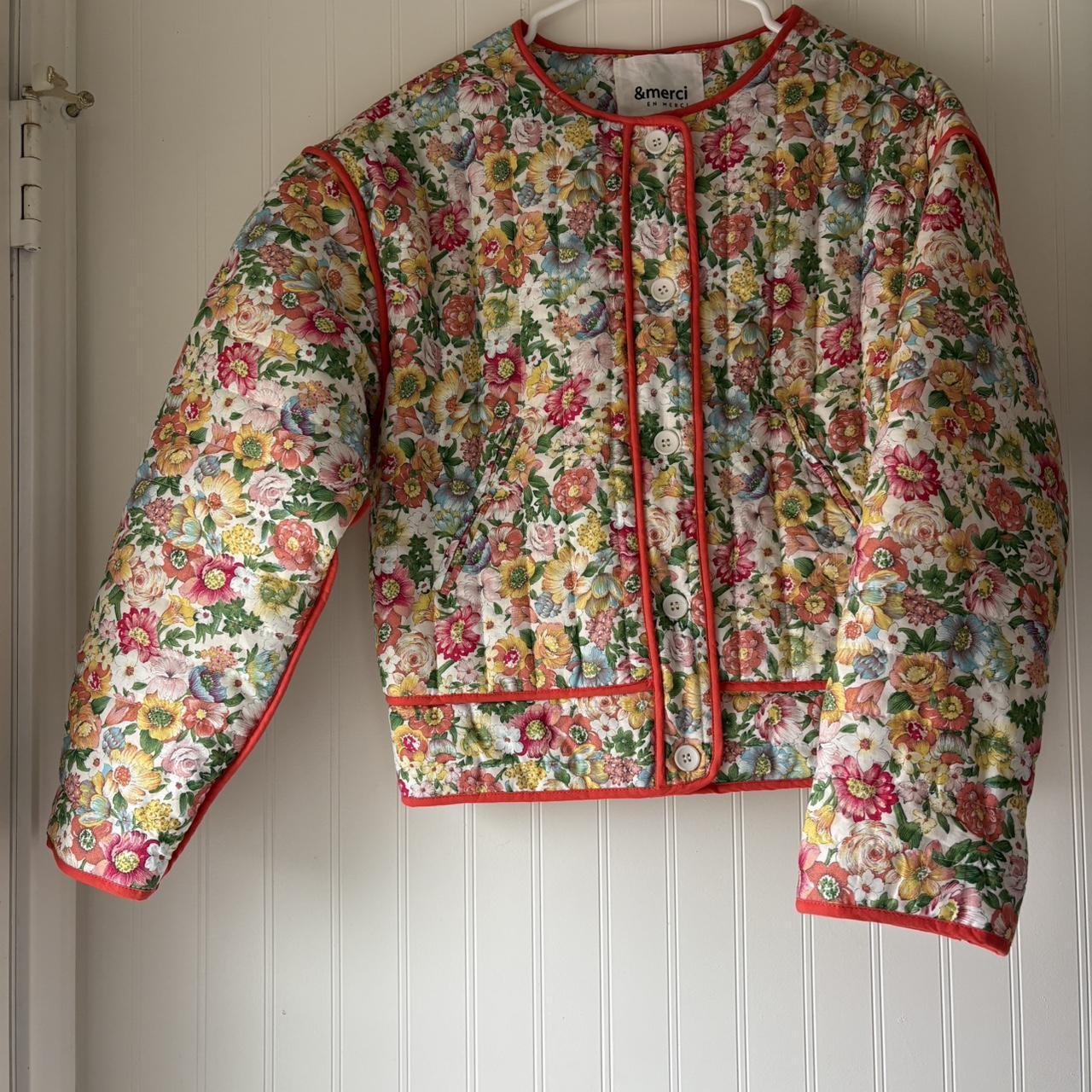 Multi colored quilted floral jacket with a touch of... - Depop