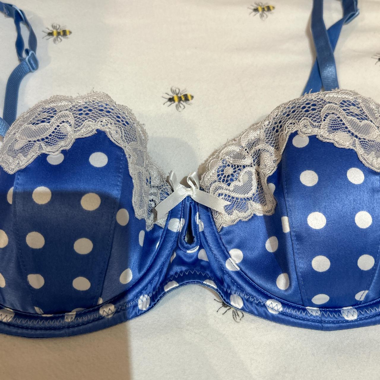 Blue and white polka dot lace trim bow padded... - Depop