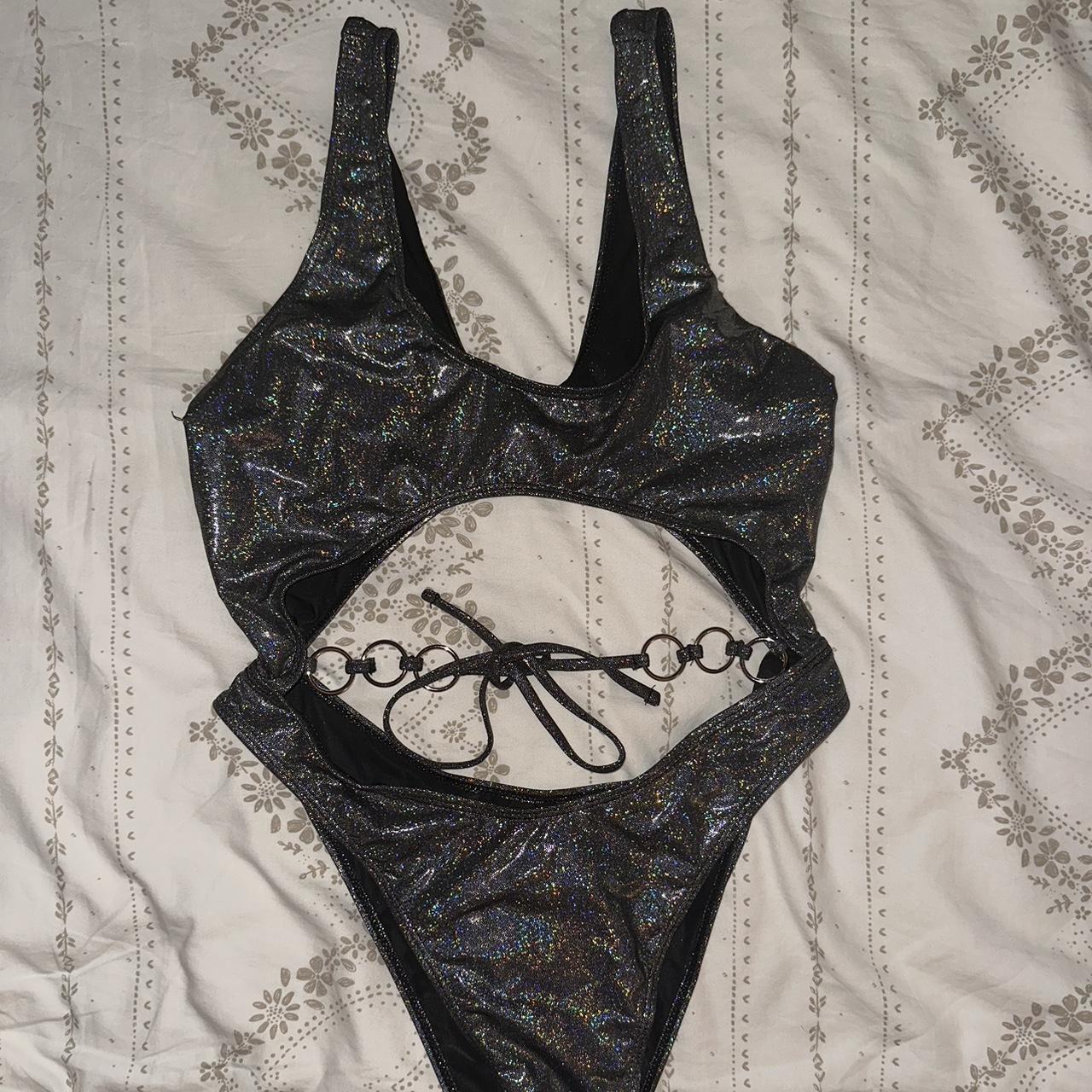 SHEIN Silver Metallic Swimsuit with metal detail tie... - Depop