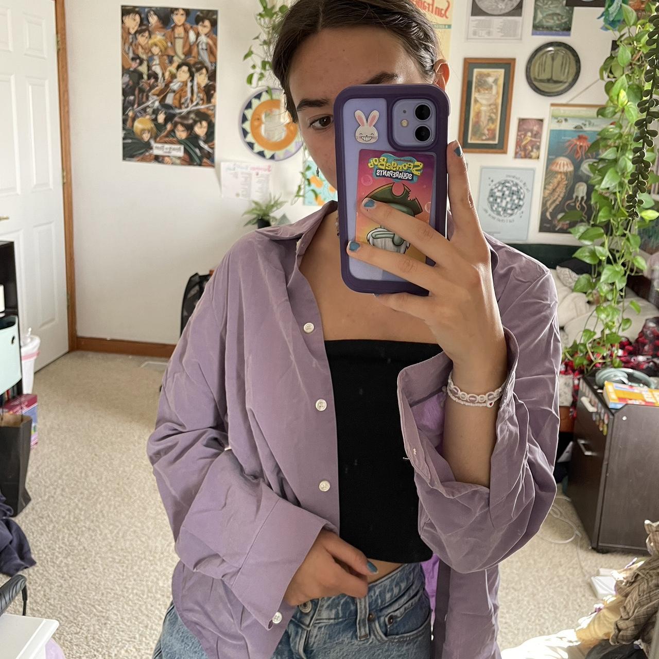 beautiful purple button up such a cute pop of color... - Depop