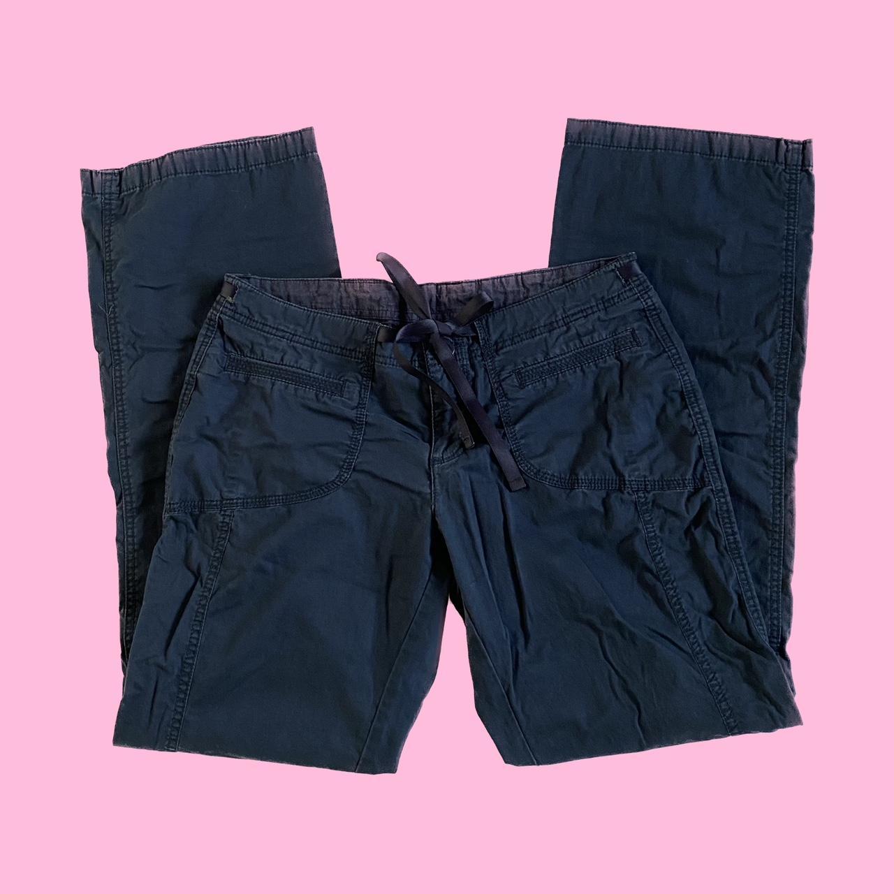 navy cargo style pants with ribbon to adjust the... - Depop