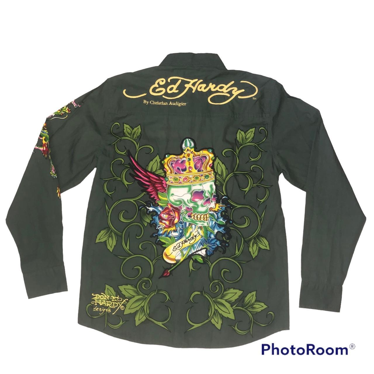 Crazy embroidered Ed Hardy button up all over print... - Depop