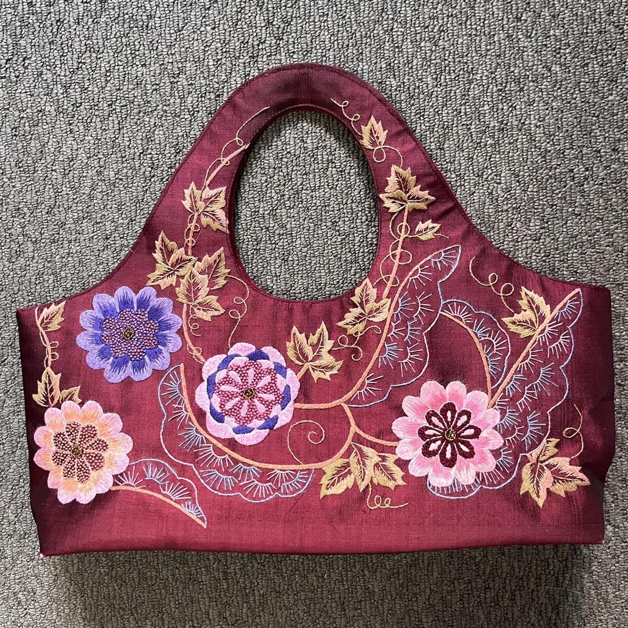 Floral embroidered vintage red fabric bag Unique... - Depop
