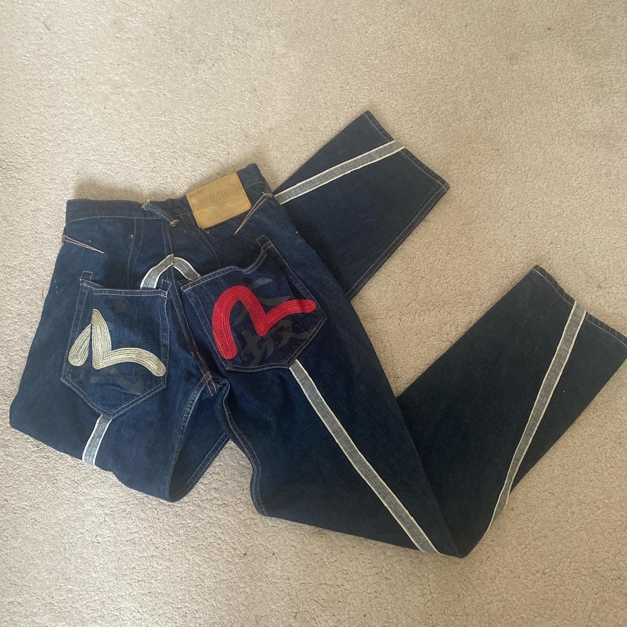 Evisu Women's Navy and Red Jeans | Depop