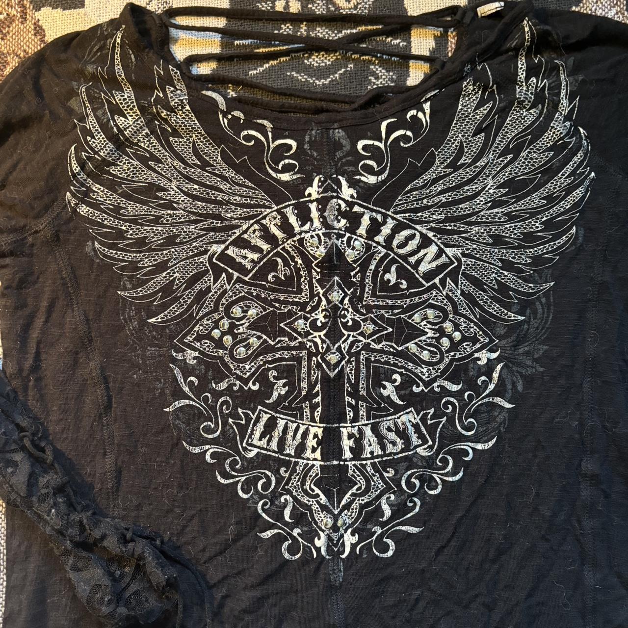 AFFLICTION BRAND WOMENS TOP WITH LACE SLEEVES AND... - Depop
