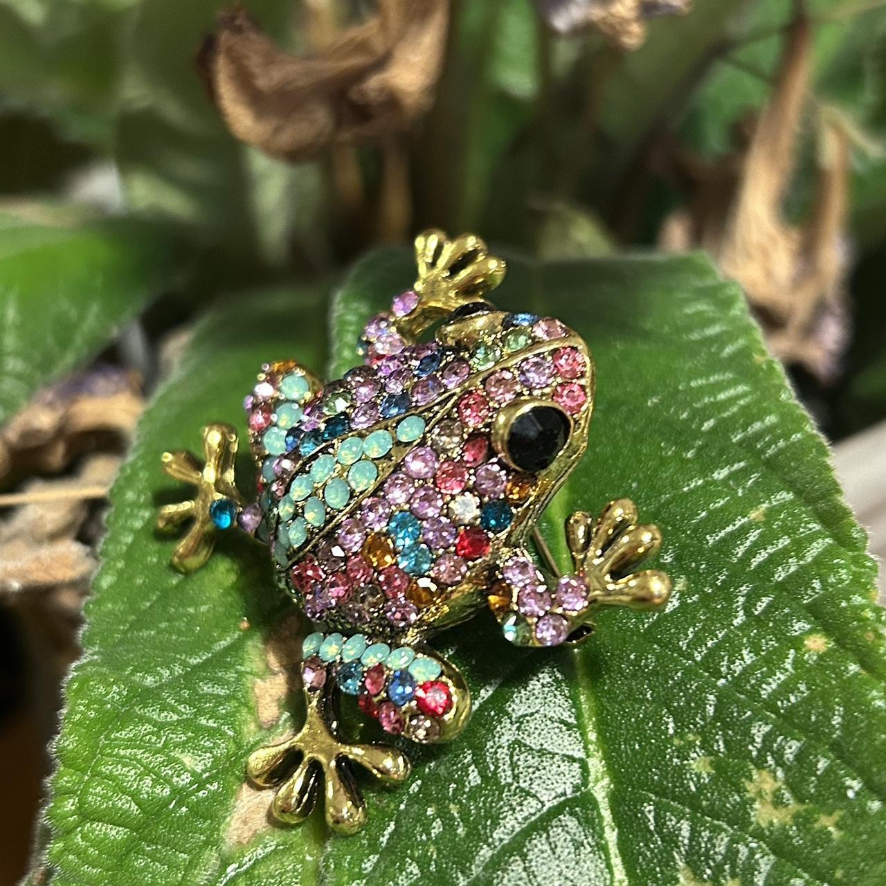 Multi-coloured sparkly frog brooch with rhinestones.... - Depop